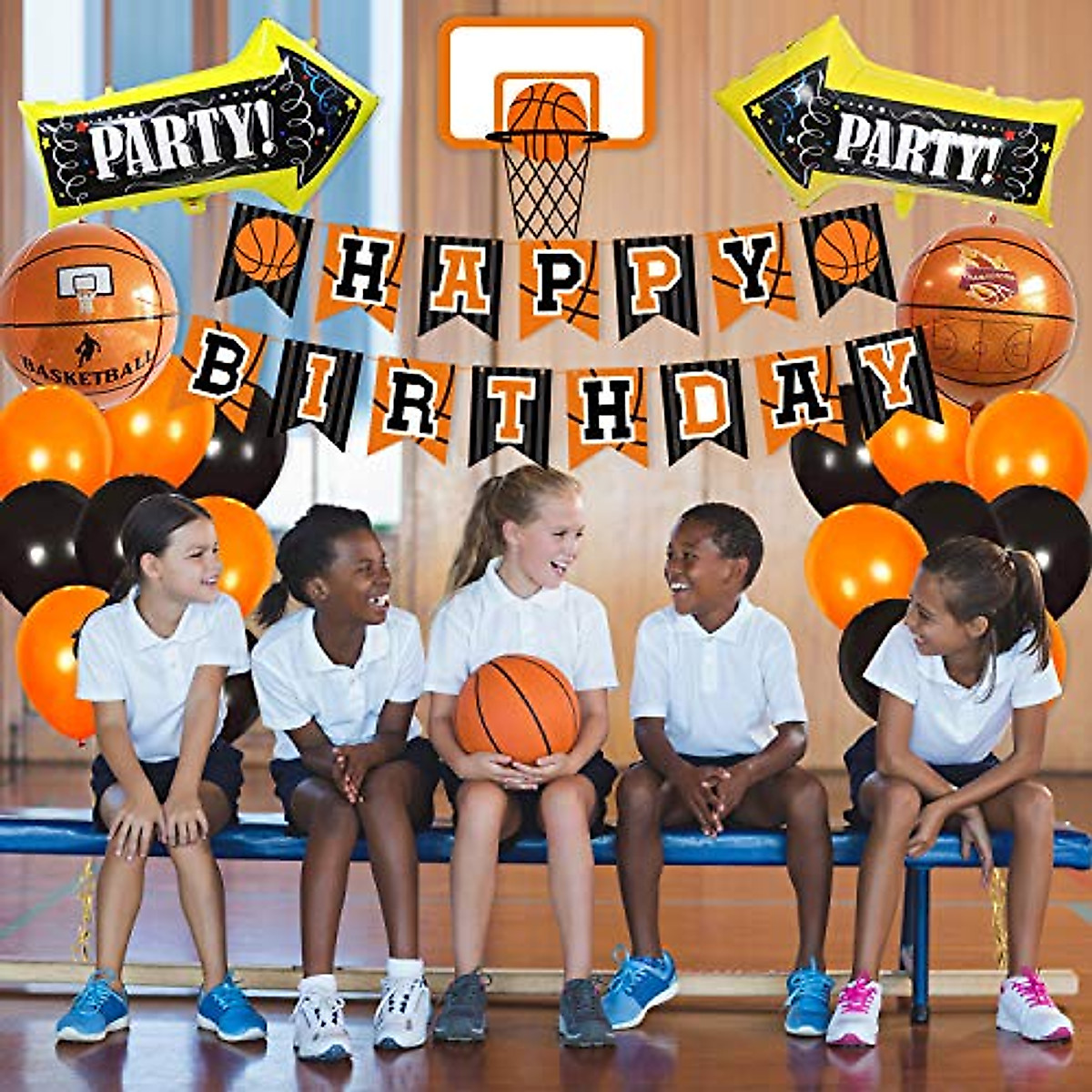 Basketball Party Decorations Birthday Party Supplies 95Pcs - HAPPY BIRTHDAY Banner "PARTY!" Foil Balloons Basketball Hoop Stickers Basketball Foil Balloons Black/Orange Latex Balloons Door Sign Stickers Cupcake Toppers Cake Topper Birthday Decorations for