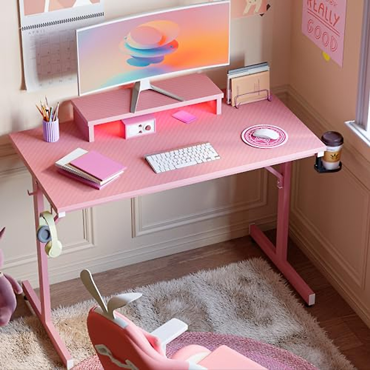 Bestier Small Gaming Desk with Monitor Stand, 42 inch LED Computer Desk, Gamer Workstation with Cup Holder & Headset Hooks, Modern Simple Style Desk for Home Office, Carbon Fiber Pink