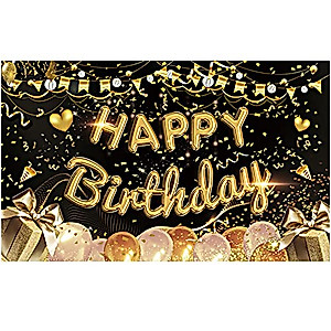 Skycase Birthday Banner,(43 * 71inch) Large Happy Birthday Backdrop Banner, Black Gold Balloon Photography Background Party Decorations for Indoor Outdoor Party,Perfect for Man,Woman,Child