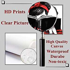 Facioro Fashion Woman Canvas Wall Art, Red Wall Decor for Bedroom Decor, Red and Black Art Posters, Red Lips Red Rose Perfume High Heels and A Fashion Women with Red Hair Ribbons Prints Wall Pictures, Girls Room Decor, Black and Red Fashion Poster