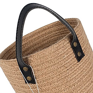 Wall Hanging Storage Baskets Jute Set of 2 Small Woven Rope Closet Organizer 6.7"x7.9" Décor with Black Leather Handle Nursery Storage Bins for Flower Plants/Garage/Shelf/Outdoor/Bathroom