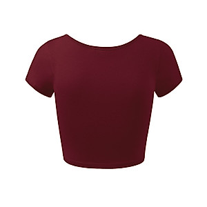 Women's Cotton Basic Scoop Neck Crop Tops Short Sleeve Tops DARKBURGUNDY M