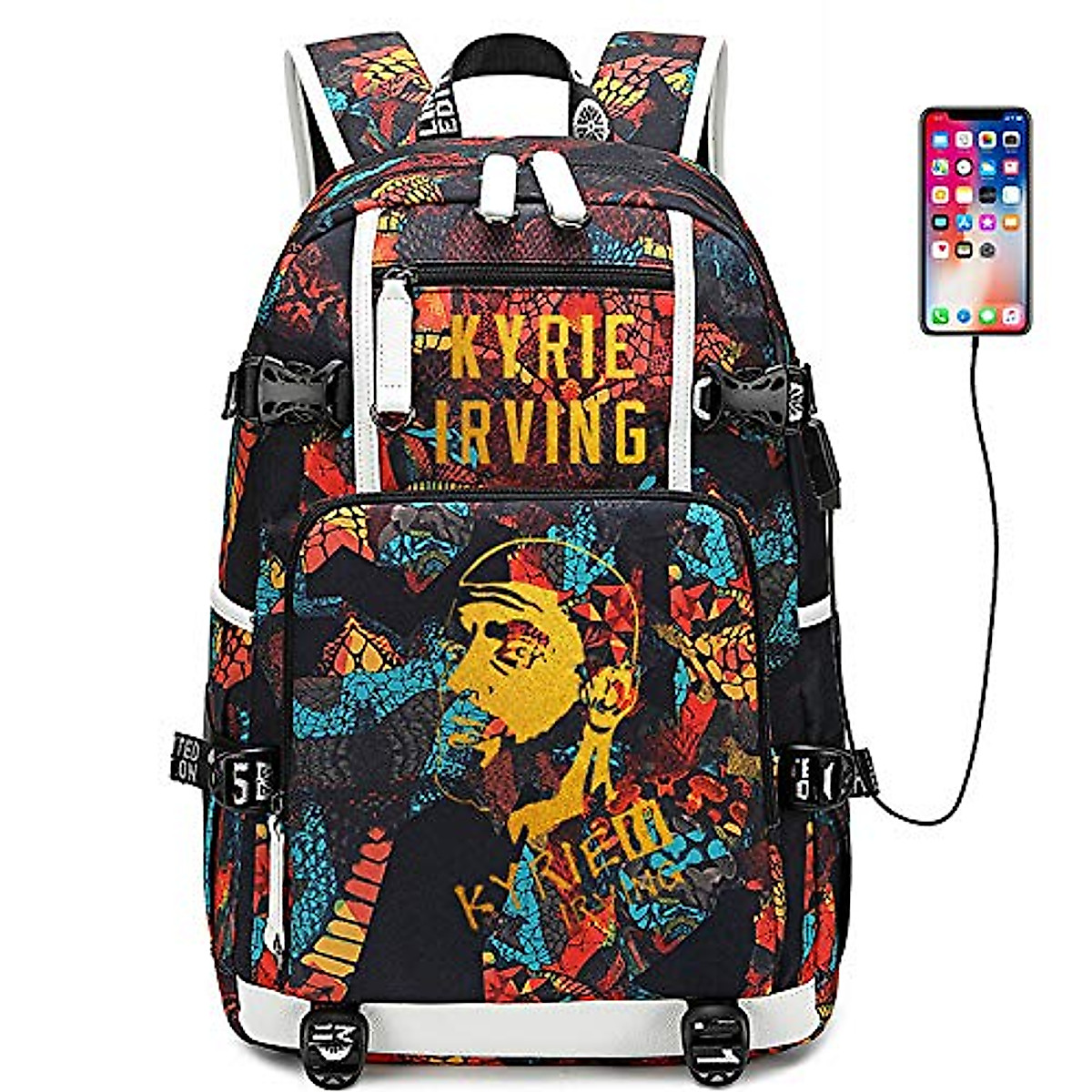 fanwenfeng Basketball Player Star Irving Multifunction Backpack Travel Student Backpack Fans Bookbag for Men Women (Style 2)