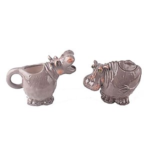 Blue Sky Ceramic 6.5" x 3.5" x 5.25" and 5.5" x 3.5" x 4.25" Hippo Creamer and Sugar Bowl, Medium, Multi