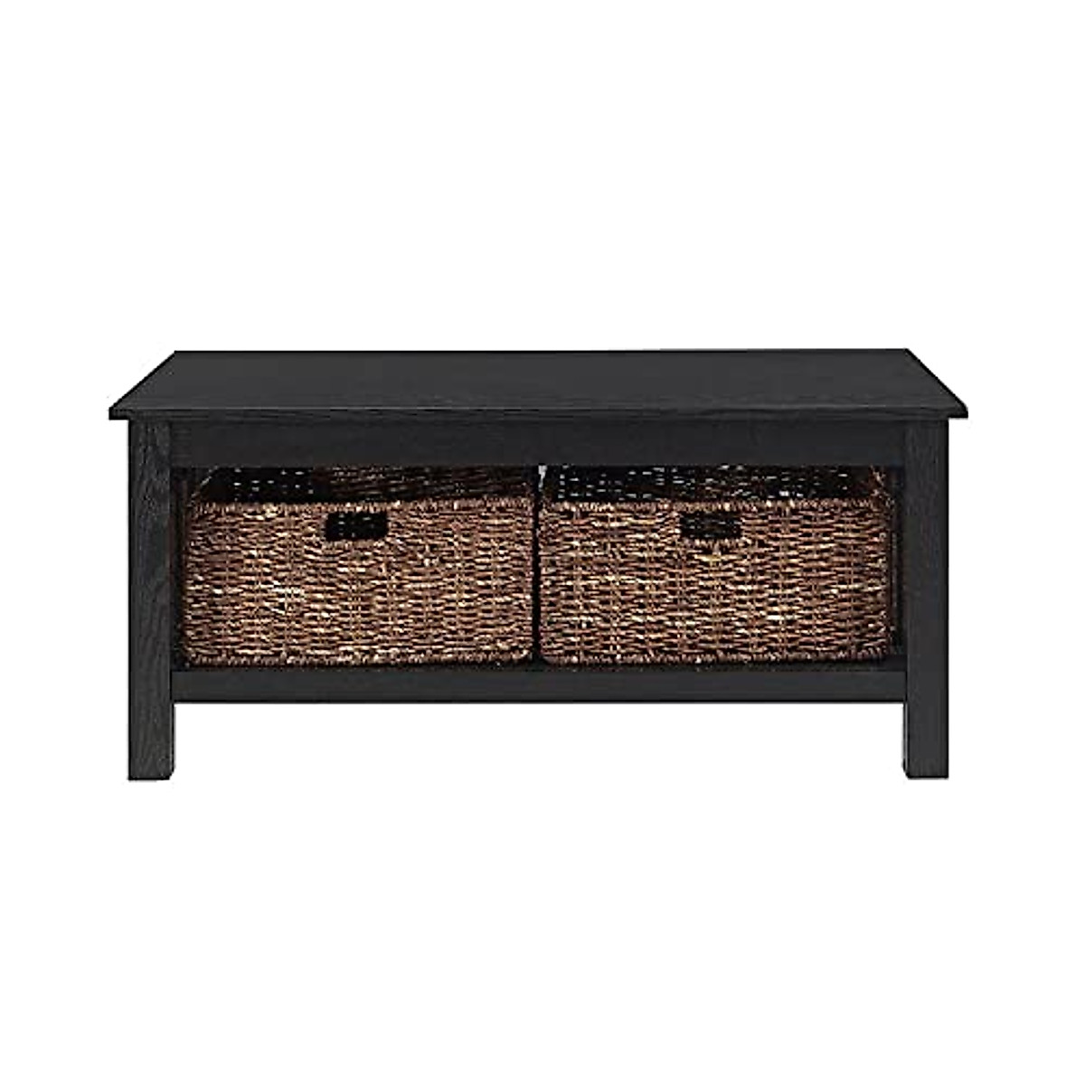 Walker Edison Coastal Black Living Room Coffee Table with Lower Shelf and Faux Rattan Wicker Baskets, 40 Inch