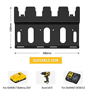Riuog Wall Mount Bracket for DeWalt Battery and DCB112 Charger, Metal Black Rugged 4 Battery Holder and Charger Holder for Tool Room and Garage