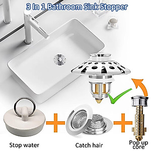 AzWzz 1 PCS Bathroom Sink Drain Stopper with Strainer and 1 PCS Bathtub Drain Stopper with Drain Hair Catcher, 3 in 1 Feature, All Brass Plating Process