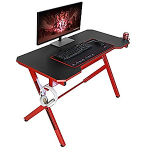 JJS 48" Home Office Gaming Computer Desk, R Shaped Large Gamer Workstation PC Table with Cup Holder Headphone Hook Free Mouse pad, Black/Red
