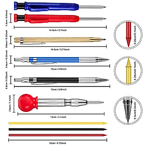 8 Pieces Carpenter Scriber Marking Kit Includes 4 Mechanical Carpenter Pencils, 2 Packs Marker Refills, Metal Carbide Scriber and Automatic Center Punch Woodworker Tool for Glass, Ceramics, Steel