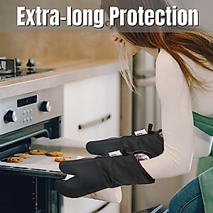 JEEKOIN Professional Oven Mitts Flexible and Durable, Honeycomb Silicone Oven Mitt Heat Resistant 581, Extra Long Cooking Protection BBQ Gloves, Non-Slip Pot Holders, BPA-Free, 14 Inch 1 Pair, Black