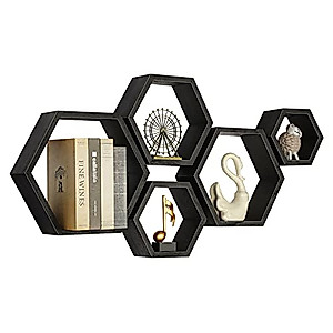 YBING Hexagon Floating Shelves Set of 5 Hexagonal Wall Mounted Decorative Shelf Honeycomb Storage Hanging Wooden Shelves for Farmhouse Living Room Bedroom, Black