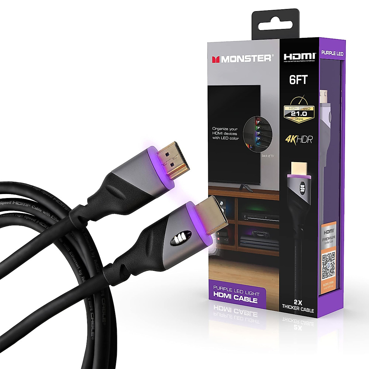Monster 6ft High Speed 4K HDR Hdmi Cable with Built-in Purple Led Light, Gaming, Video, and Computer