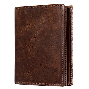 Mens Leather Bifold RFID Vertical Wallet Extra Large Capacity Card Holder with 16 Slots and ID Window Brown