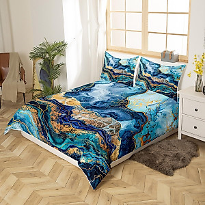 Marble Duvet Cover, 3D Print Grunge Fluid Golden Little Bit Stone Crack Gothic Impressionist Abstract Art Bedding Set, Decorative 3 Piece Comforter Cover With 2 Pillow Shams, Full Size,Teal Blue
