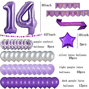 Purple 14th Birthday Party Decorations Purple Happy Birthday Paper Banner Purple 40inch Number 14 Happy birthday Sash Latex and Confetti Balloons Perfect for 14 Years Old Party Supplies Balloons