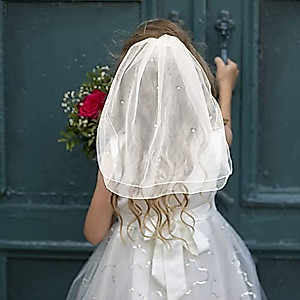 CCINEE Bachelorette Party Pearl Bridal Veil, Women's Short Wedding Veils with Comb 2 Tier Beads Bridal Veil Headband Decorations for Bride To Be Gift Wedding 40cm/15.7"(Ivory)