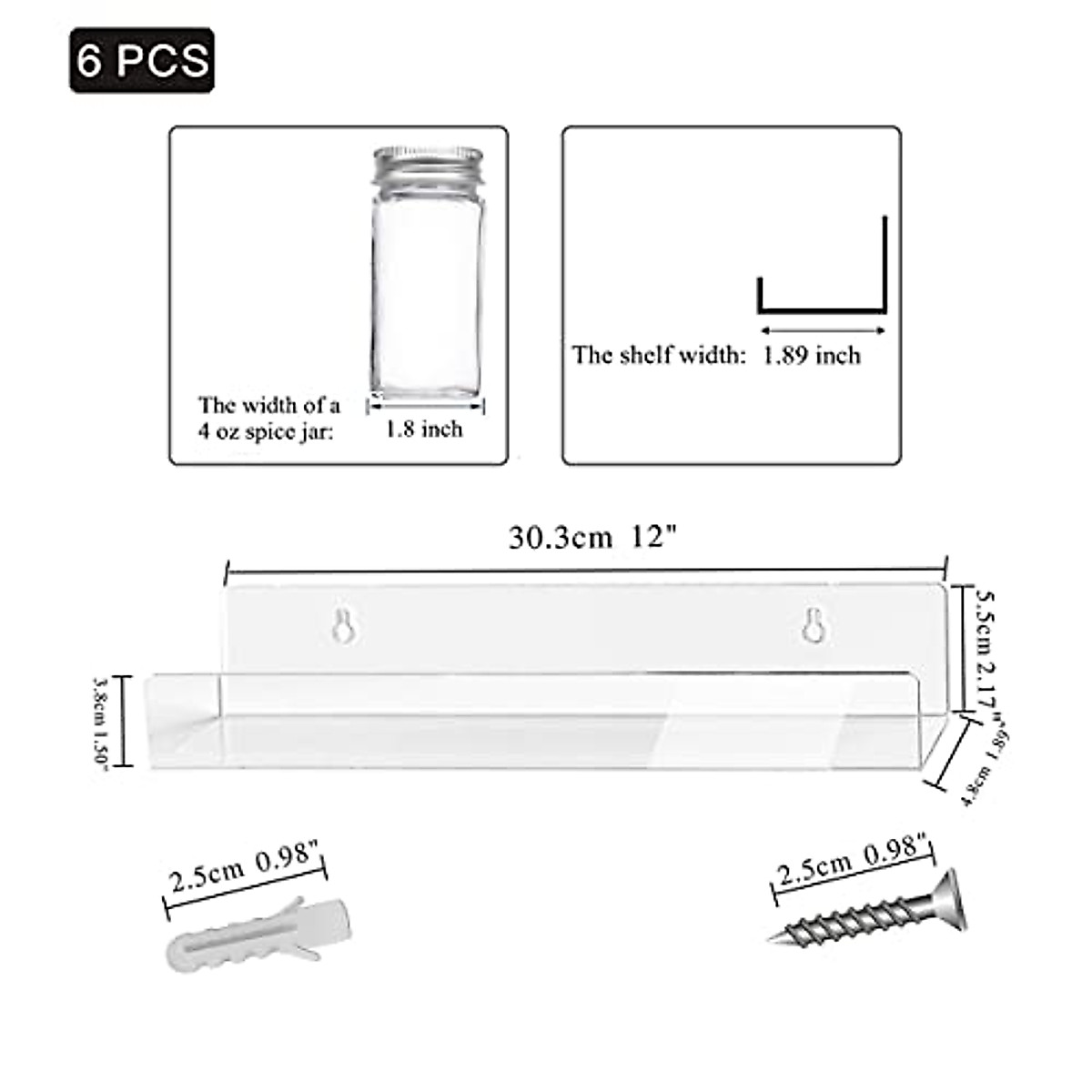 Saliens 6 Pack 12 inch Clear Vinyl Record Shelf Wall Mount with Protective Films, Acrylic Floating Shelves Wall Mount, Invisible Spice Rack, Album Modern Picture Ledge Display