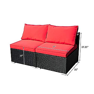 Outdoor Patio Furniture 2-Pieces PE Rattan Wicker Sectional Red Cushioned Sofa Sets