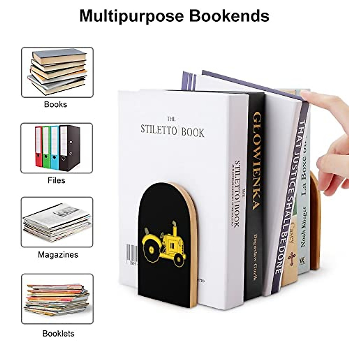 Cartoon Tractor Wood Book Ends for Shelves Non-Skid Bookend Book Stand Book Holder Stopper for Home Office School
