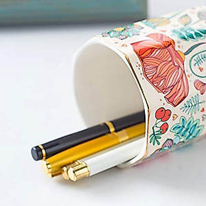 YOSCO Ceramic Pen Holder For Desk Cute Flower Stand Pencil Cup Pot Desk Organizer Makeup Brush Holder for Girls Women (Flower)