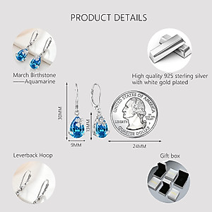 Fahonie Birthstone Drop Earrings 925 Sterling Silver cut Pear Shape March Birthstone Aquamarine Clover Jewelry Birthday Gifts Valentine's Day Christmas Gifts
