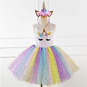 MYRISAM Girls Kids Unicorn Sequins Tutu Dress w/Headband Halloween Costume Rainbow Tutu Outfits Princess Birthday Party Gift 10-12T
