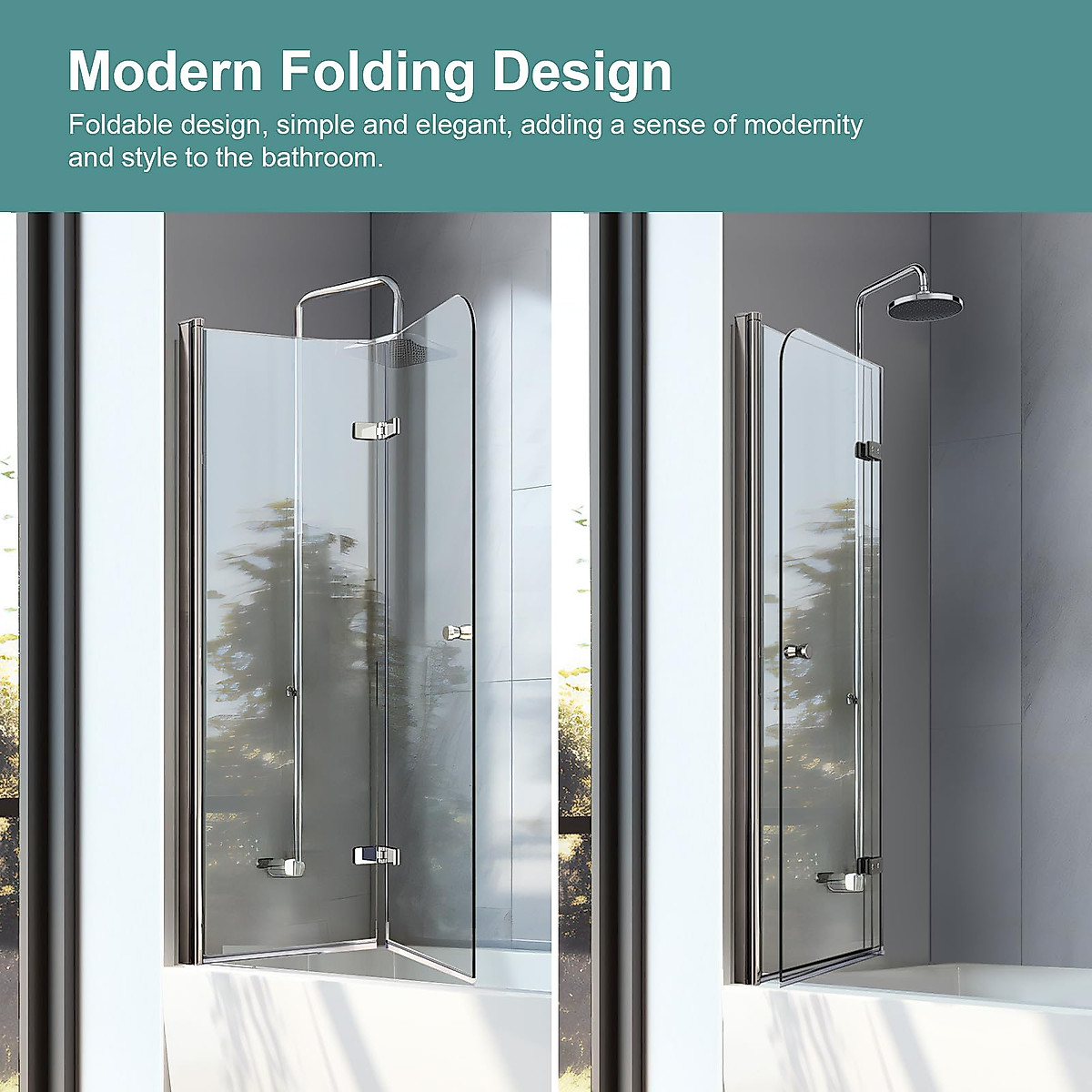 SIEPUNK Folding Glass Shower Doors for Bathtub, 36 in. W x 55 in. H Pivot Frameless Tub Shower Door, Tempered Glass Shower Panel Screen, Chrome