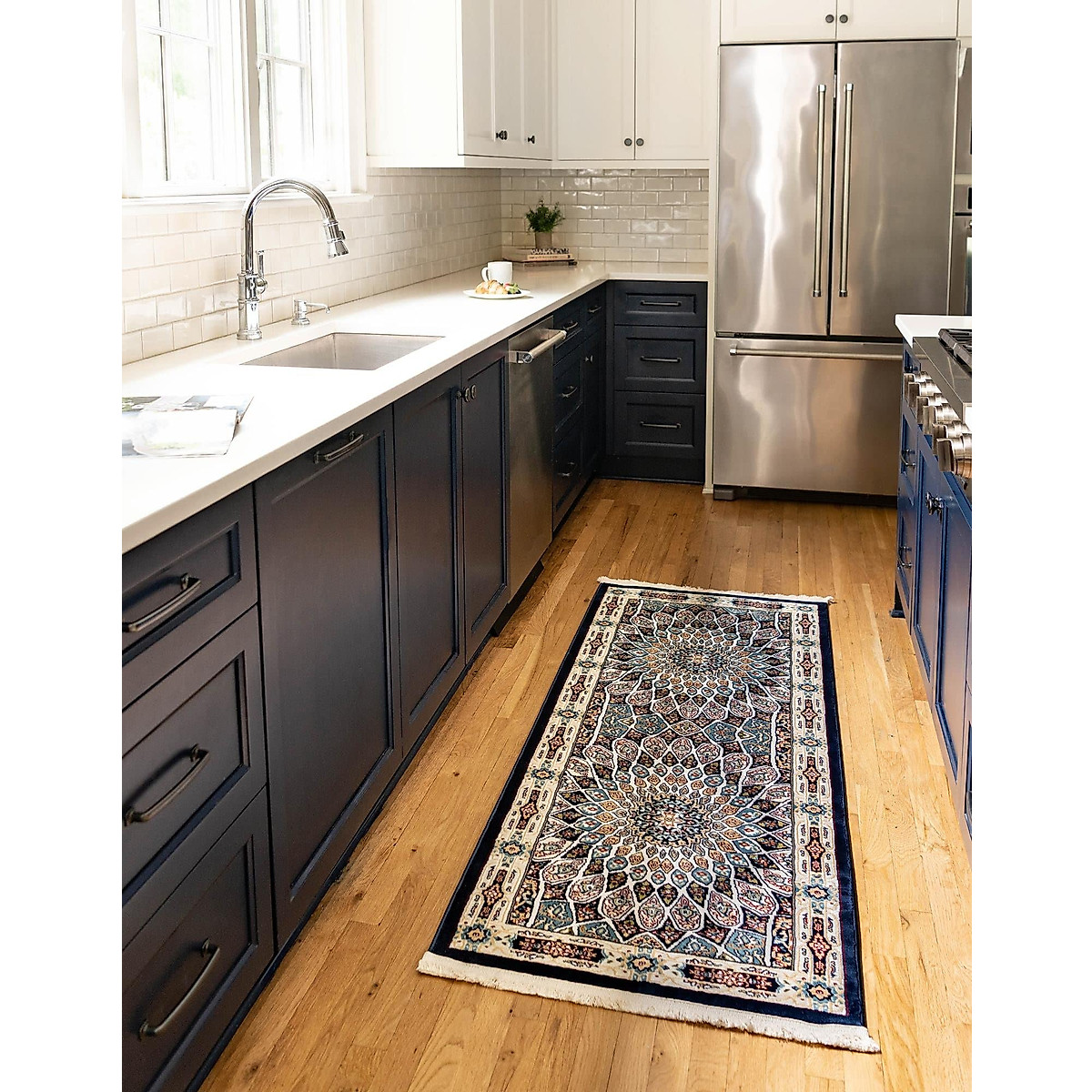 Rugs.com Rabia Collection Rug – 2' 7 x 12' Runner Navy Blue Low Rug Perfect for Hallways, Entryways