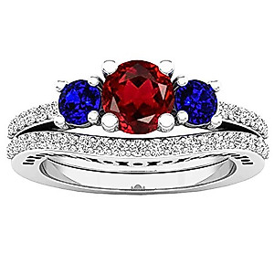 Dazzlingrock Collection 5.5 MM Round Garnet,Blue Sapphire & Diamond Wedding Ring Set in 10K White Gold, Size 6.5