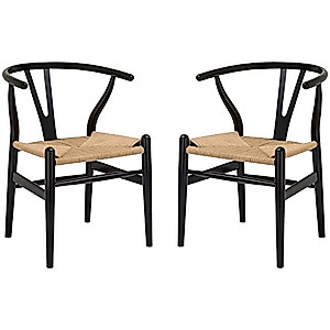 Poly and Bark Weave Modern Wooden Mid-Century Dining Chair, Hemp Seat, Black (Set of 2)