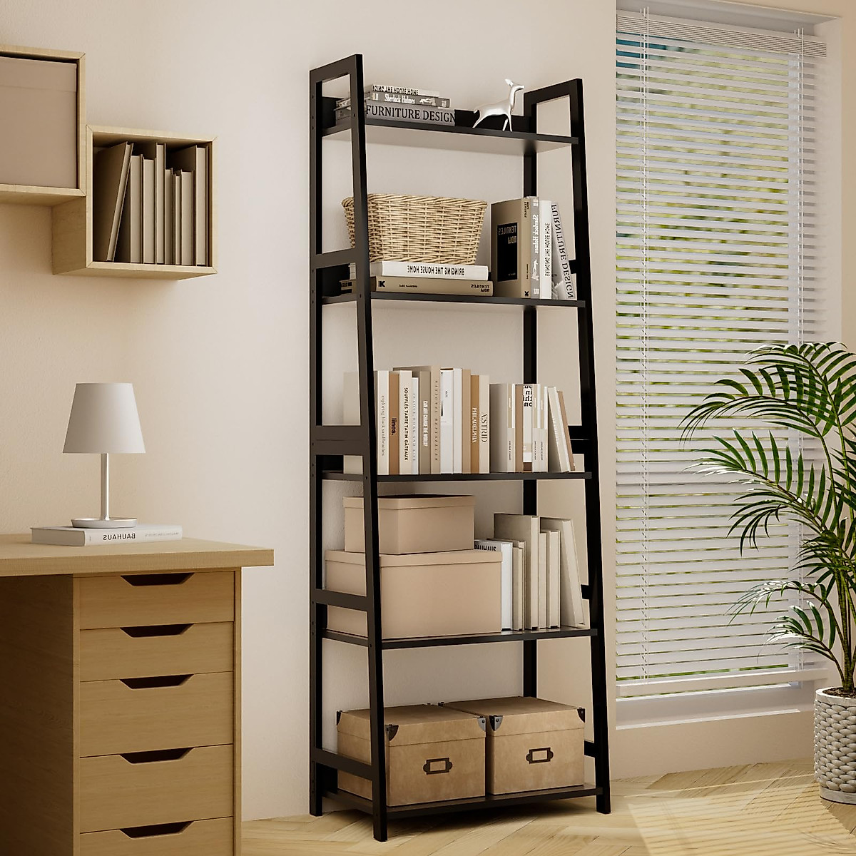 PPN Bookshelf - 5-Tier Tall Bookcase - Ladder Shelf for Bedroom/Living Room/Home Office - Black