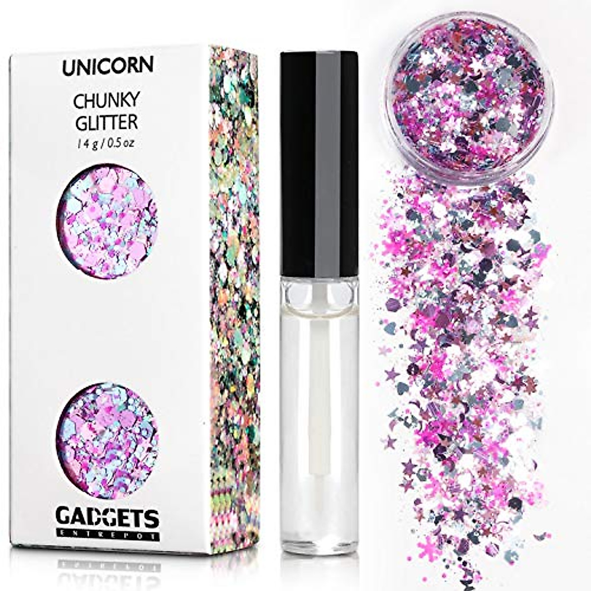 Unicorn Iridescent Holographic Chunky Glitter Cosmetic Body Hair Face Eye Nail for Festival Carnival Concert Party Beauty Rave Accessories Different Shapes 2 Pots 14g/0.5oz+ Quick Dry Primer Glue Gel