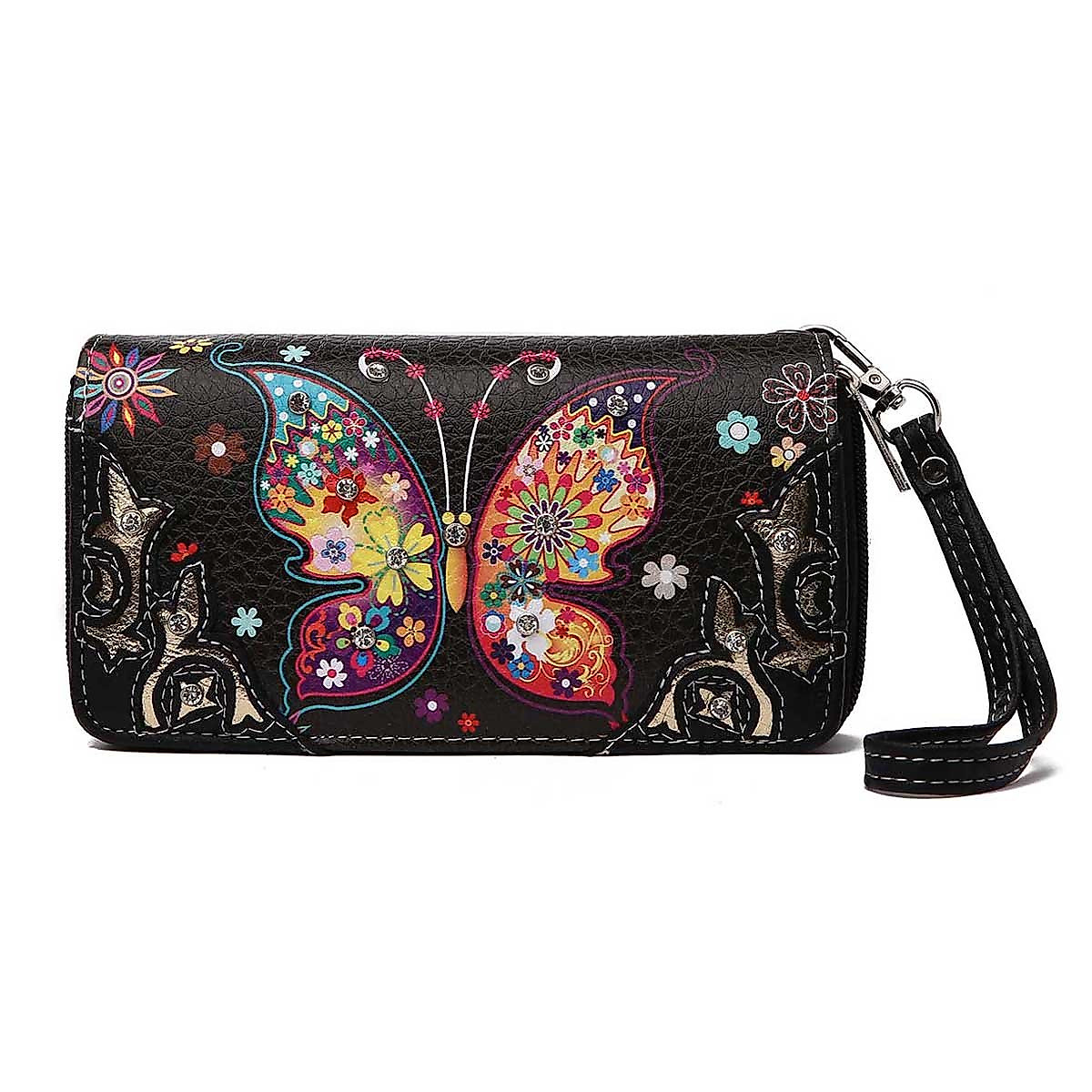 Western Style Butterfly Rhinestone Concho Studded Embroidered Floral Country Wrist Strap Women Wristlet Double Zip Wallet (Black2)