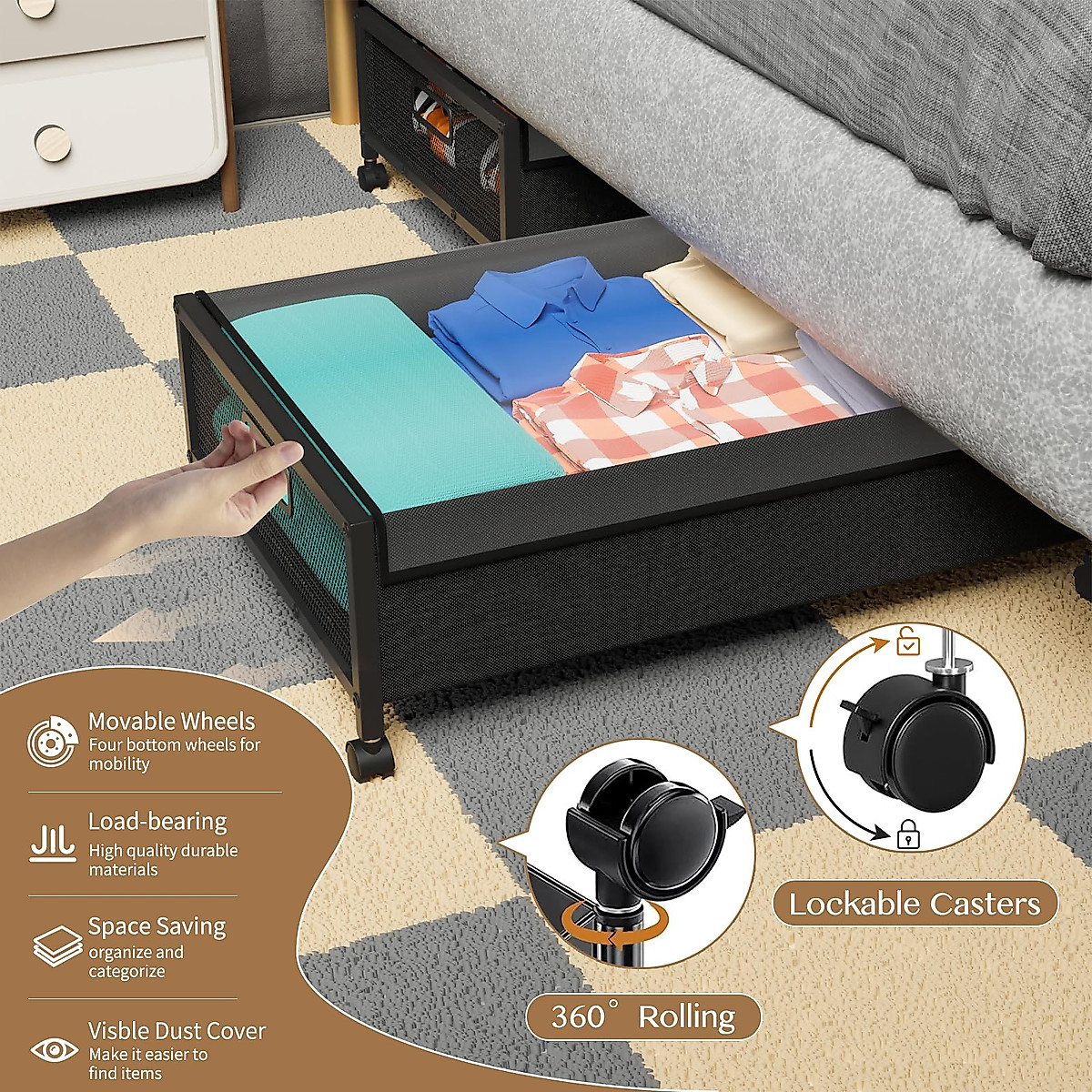 Futego Under Bed Storage with Wheels,2 Pack Under bed Storage Containers with Clear Lids,Rolling Underbed Organizer Drawer Bins with Sturdy Handles for Bedroom Closet Clothes Shoes Toys Books Blankets