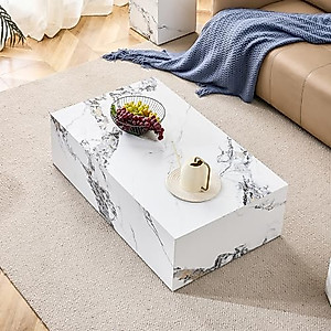 KEVINSPACE Coffee Tables for Living Room, 39.37" Modern Coffee Table Faux Marble Rectangular Drum Coffee Table, Fully-Assembled White Furniture with Mid Century Design for Waiting Area