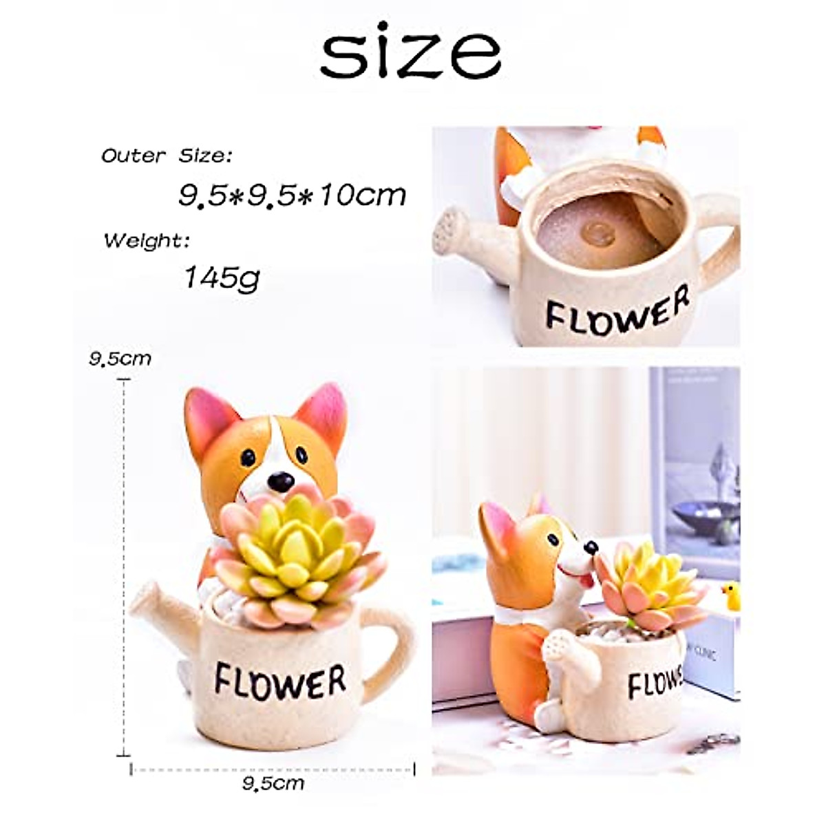 Cute Animal Small Corgi Teacup Shape Flower Pot with Drainer Garden Flower Pot Resin Succulent Potted Bonsai Plant Stand Home Desk Mini Ornaments Without Plants