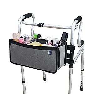 MDSTOP Walker Basket, Walker Bag Water Cup Holder, Foldable Walker Attachment Hands-Free Storage Bag for Elderly, Senior, Large Capacity with Zippered Phone Pocket (Not Fit Rollator Walkers) (Grey)