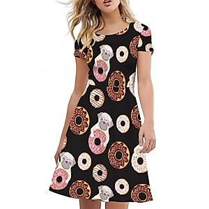POLERO Funny Donuts Pugs Dogs Print Women Fashion Confort Midi Dress Round Neck Short Sleeve Summer Dresses Animals Puppy Pets Eat Foods Size S