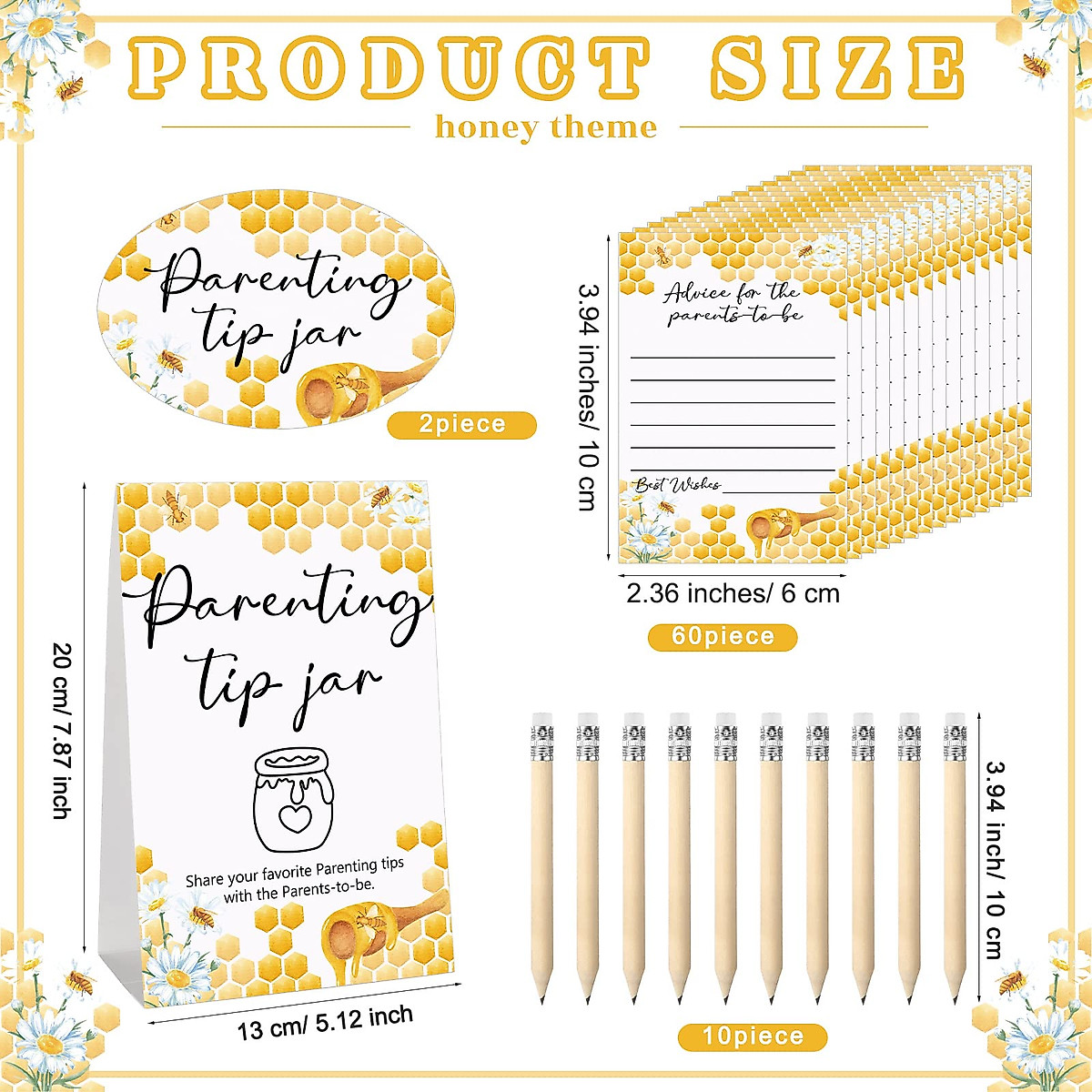 Roowest Baby Shower Games Prizes Advice Baby Shower to Baby Parenting Tip Jar Sign for New Parents 60 Parenting Advice Cards 10 HB Pencils 2 Cute Stickers 1 PET Bottle for New Parents Guests (Honey)