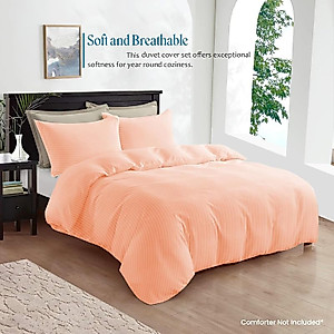 King/Cal-King (90x110) Duvet Cover 400 Thread Count Egyptian Cotton Soft 3-PCs Duvet Cover Set - All Season Comforter Cover with Button Closure & Corner Ties (Stripe, Peach)