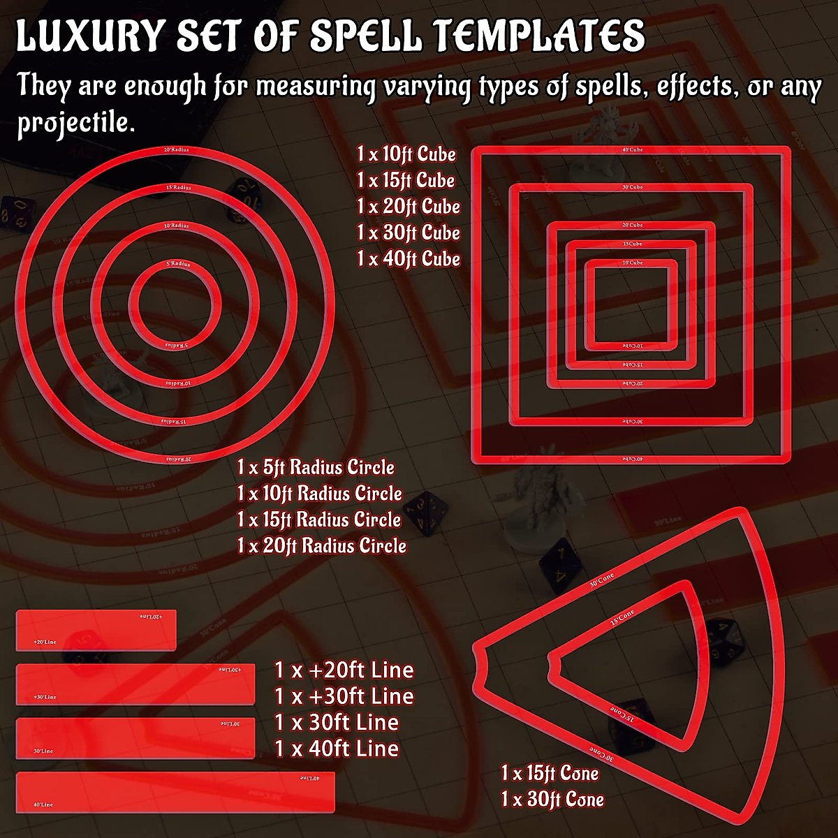 Area of Effect Spell Templates Set of 15 (Included Cube, Cone, Circle, and Line) Acrylic AOE Damage Marker Tabtop RPG Gaming Accessories for Dungeons and Dragons, Pathfinder, D&D