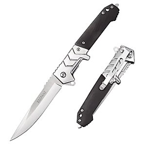 edcfans Folding Pocket Knife with Clip for Men Everyday Carry, EDC Camping Knives with Glass Breaker, Locking Liner and Wood Handle, Cool Tactical knifes for Outdoor Survival Hiking hunting Fishing