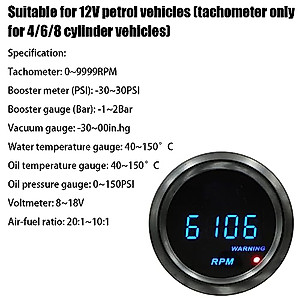 AUCELI Car Digital RPM Tachometer 0-9999, Universal Meter Kit, 2" 52mm & Blue LED Light Display