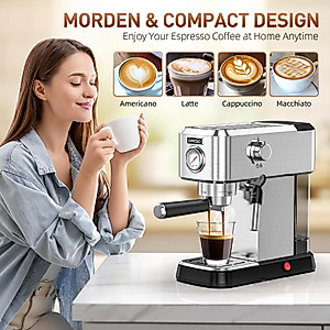 Pokk Espresso Machine, 20 Bar Espresso Maker with Milk Frother Steam Wand for Latte and Cappuccino, Compact Stainless Steel Espresso Coffee Machine with 50oz Removable Water Tank for Home