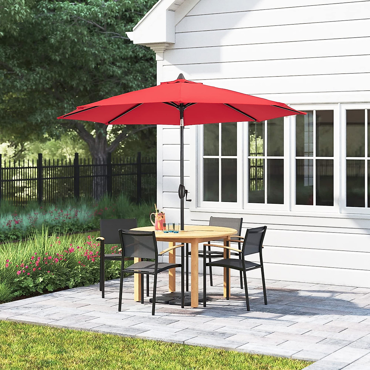 Ulax furniture Sunbrella 9Ft Patio Umbrella, Outdoor Market Table Umbrella with Push Button Tilt&Crank, (Jockey Red)