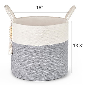 Mkono Woven Storage Basket Decorative Rope Basket Wooden Bead Decoration for Blankets,Toys,Clothes,PlantOrganizer Bin with Handles Living Room Home Decor, Grey and White, 16" W × 13.8"L