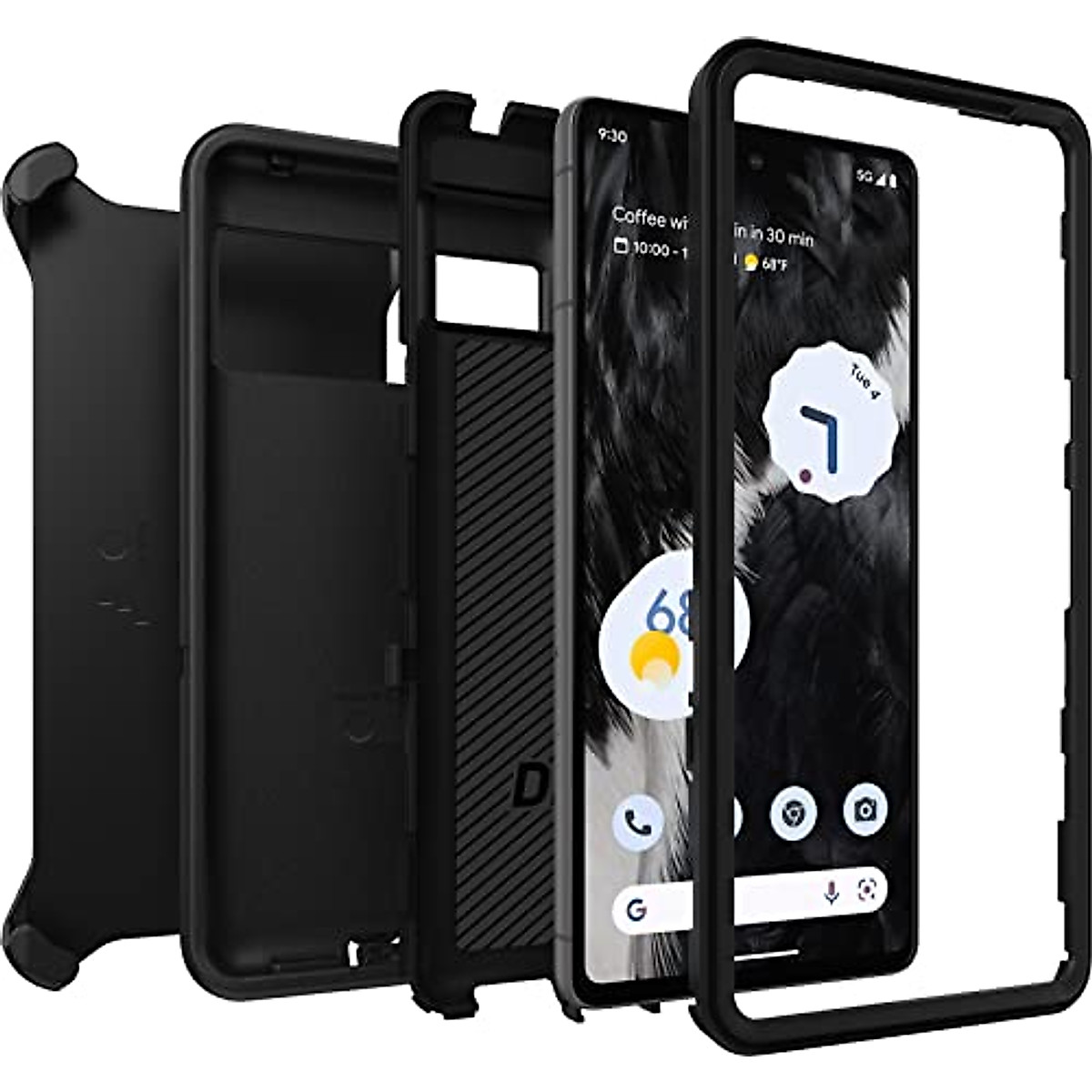 OtterBox Google Pixel 7 Defender Series Case - BLACK, rugged & durable, with port protection, includes holster clip kickstand