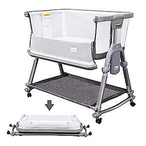 Li’l Pengyu Baby Bassinets Bedside Sleeper for Baby, Foldable Portable Crib for Newborn Babies with Storage Basket, Cotton Mattress,Travel Bag, Small Rocking Cradle, Breathable All Mesh