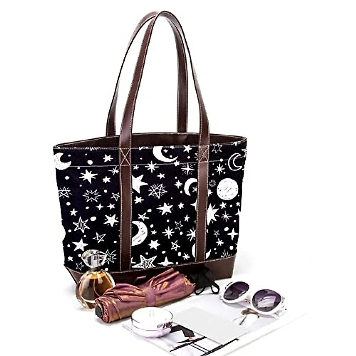 Black and White Stars Moon Tote Bags Large Leather canvas Purses and Handbags for Women Top Handle Shoulder Satchel Hobo Bags