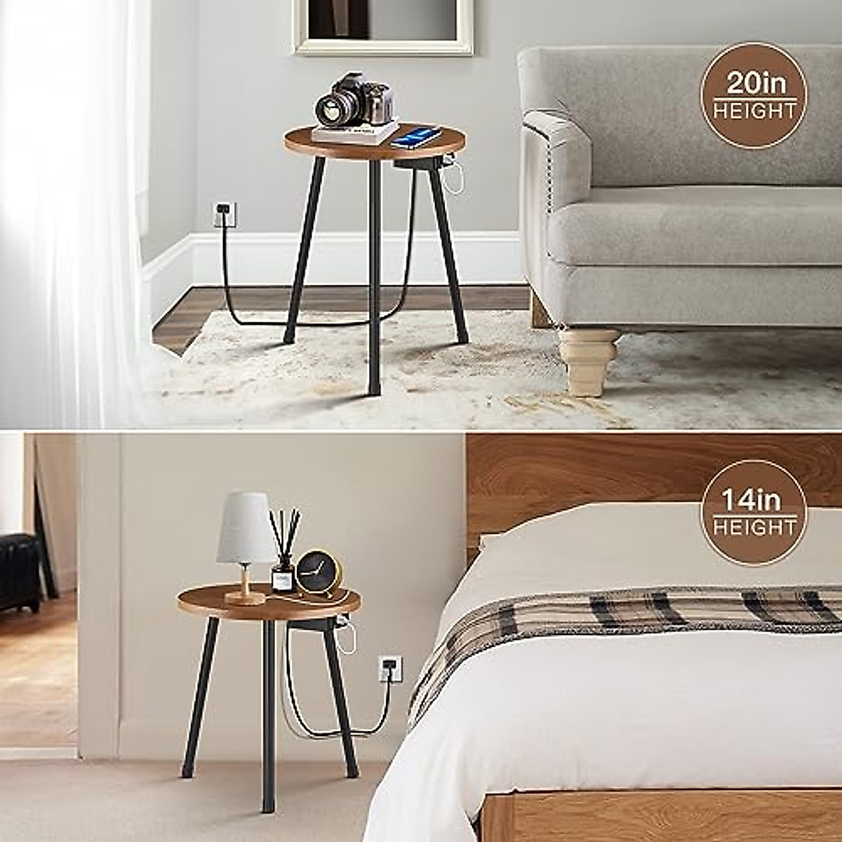 KINNARY End Table with Charging Station, Round Side Table with USB Port & Outlet, Adjustable Height Metal Leg, Small Nightstand Table for Living Room Bedroom, 12.8''D x 20''H, Walnut Wood